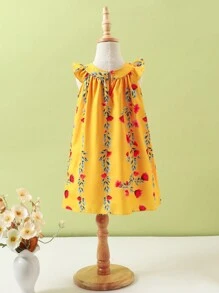 SHEIN Young Girl Yellow Floral Casual Spring Break Cap Sleeve Dress ...