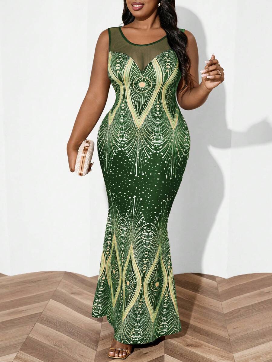 SHEIN Lady Plus Size Mulheres Estampa Geométrica Malha Patchwork Bainha Sereia Verão Vestido ...