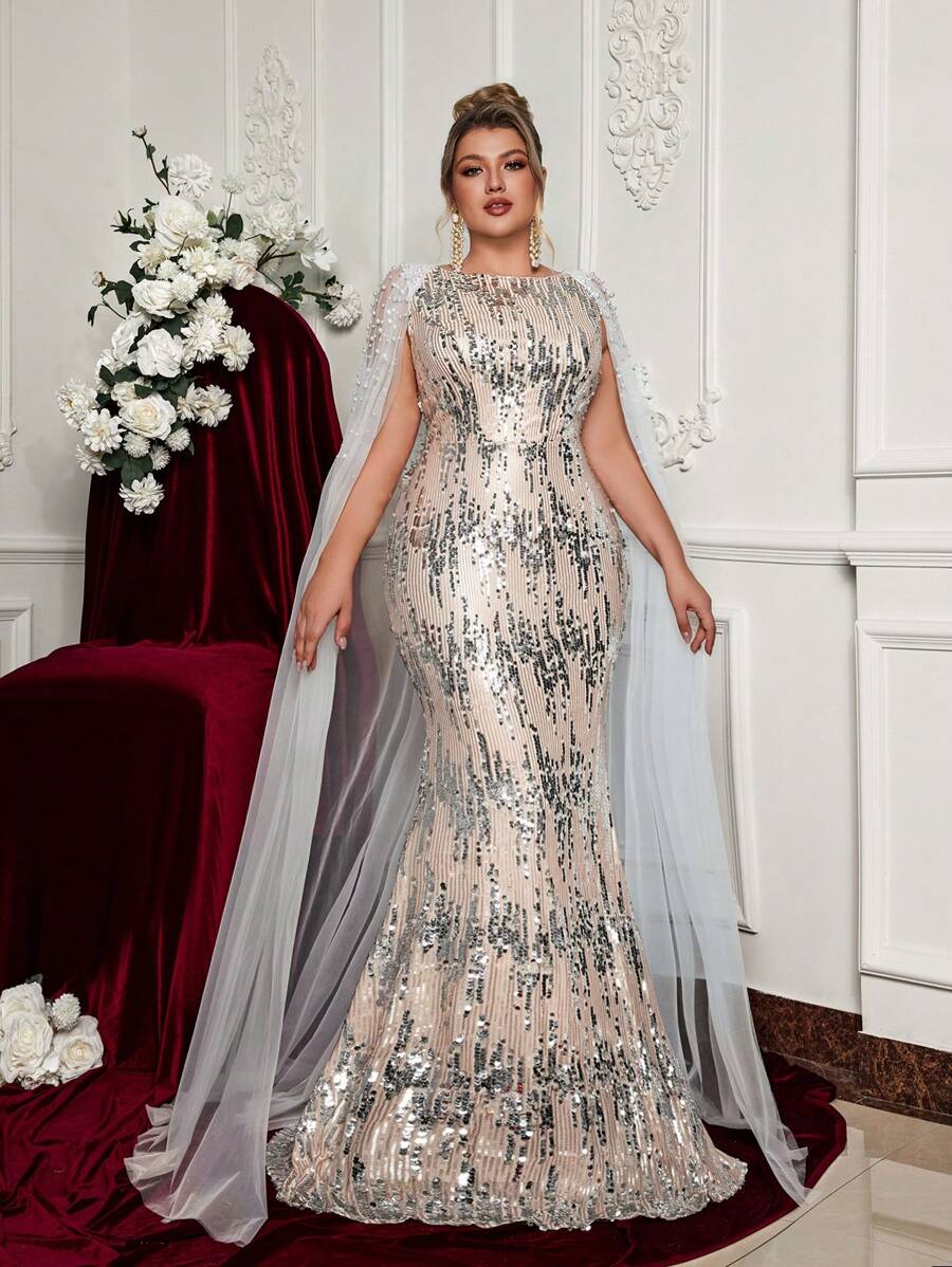 Glamrae Plus Size Champagne Gold Asymmetrical Abstract Shell Sequin ...