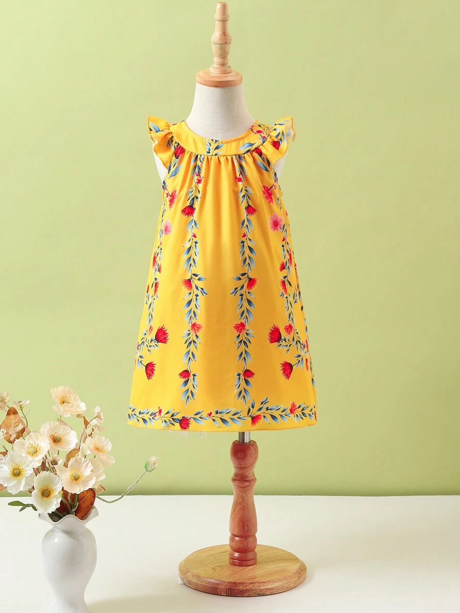 SHEIN Young Girl Yellow Floral Casual Spring Break Cap Sleeve Dress ...