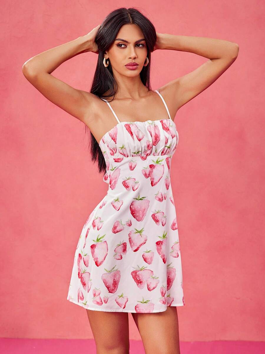 Becci Designer White And Pink Strawberry Printed Spaghetti Straps ...