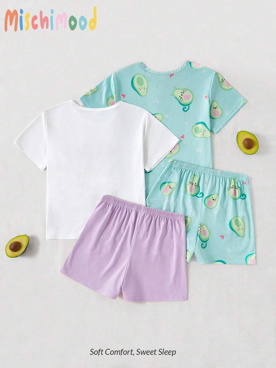 4pcs Set Big Girls Fashion Casual Cute Avocado Cartoon Graphic Short ...
