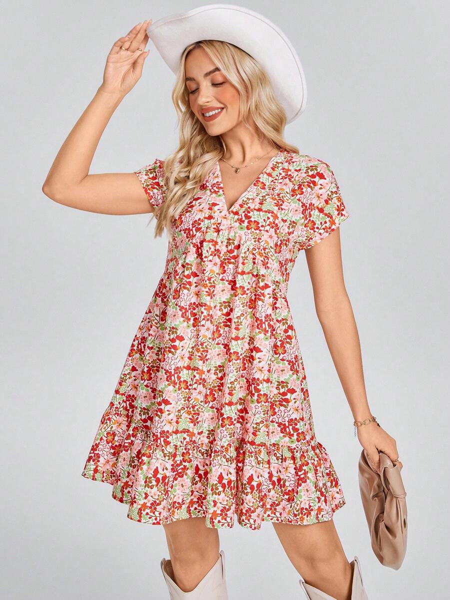 SHEIN Wildara Boho Bohemian Western Wear Women Mini V-Neck Ditsy Floral ...