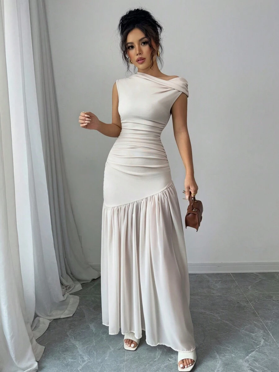 Rafferiza Sexy & Elegant Oblique Shoulder Splicing Sheer Mesh Bodycon ...
