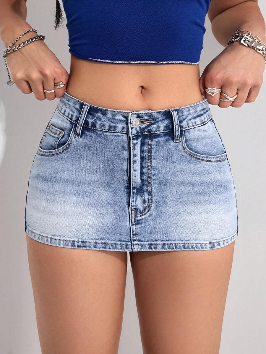 SHEIN PETITE Women's Pocket Decor Bodycon Denim Mini Skirt Y2k | SHEIN USA