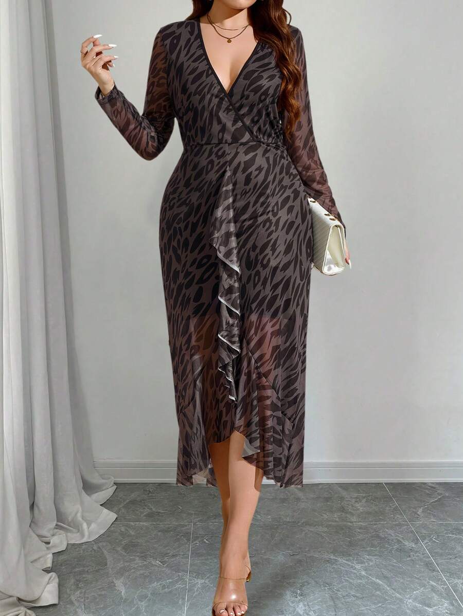 SHEIN Unity Elegant Ruffled Mesh Leopard Print Plus Size Women Dress ...