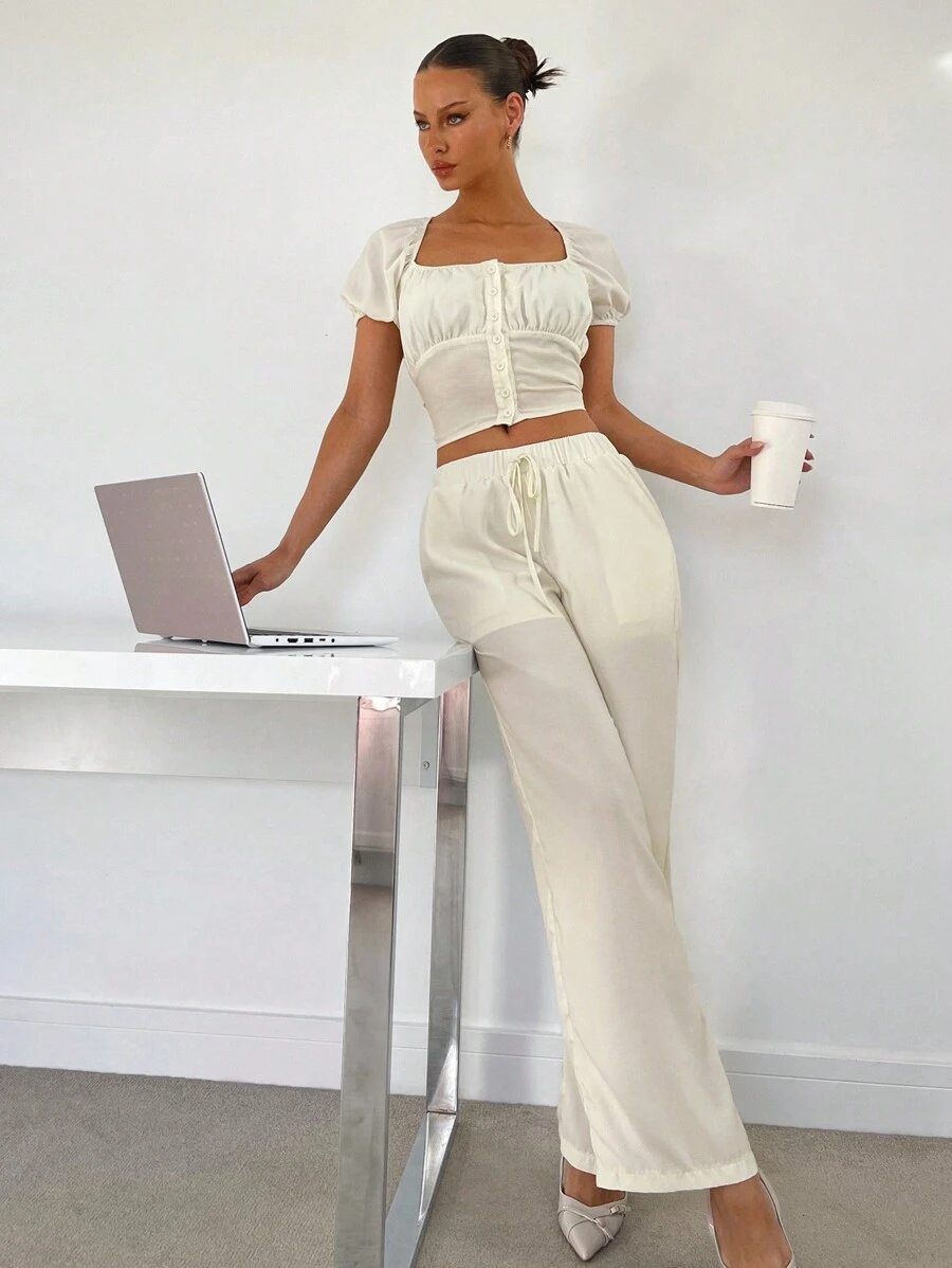 SHEIN Essnce Women's Square Neck Backless Tie Waist Pants Set, Casual 2 ...