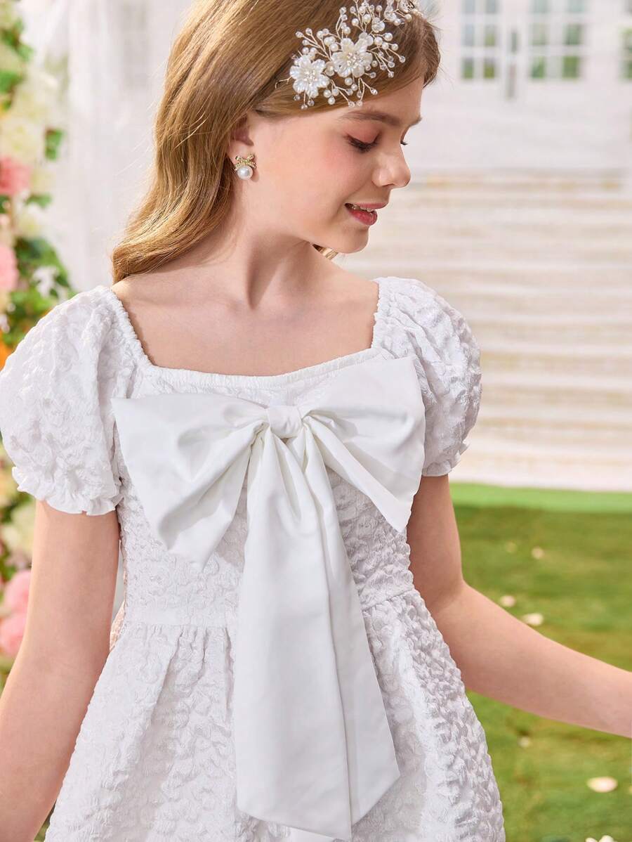 1pc Tween Girls Textured Bowknot Puff Sleeve Elegant A-Line Dress ...