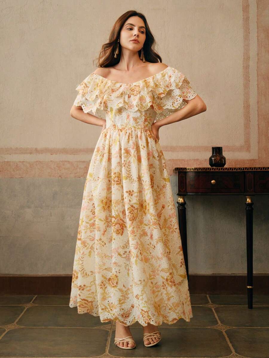 Anewsta Women's Elegant Off Shoulder Ruffled Hollow-Out Floral Embroidered Dress, Beach Resort ...