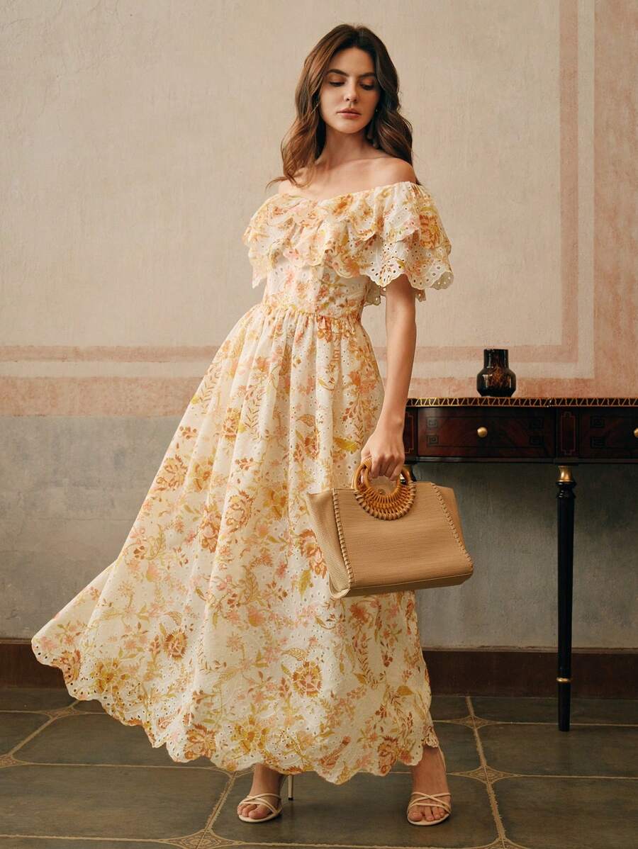 Anewsta Women's Elegant Off Shoulder Ruffled Hollow-Out Floral Embroidered Dress, Beach Resort ...