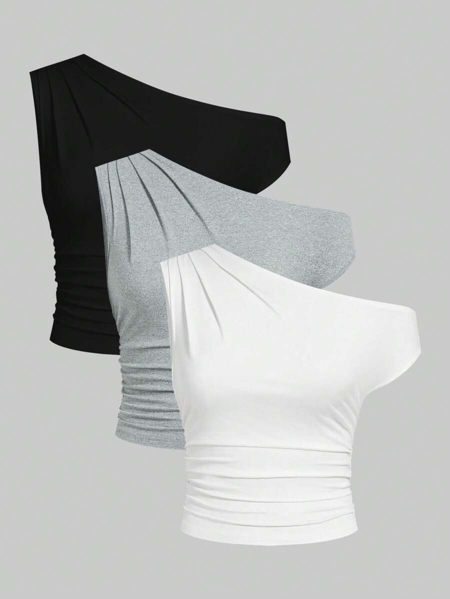 SHEIN EZwear Old Money Multicolor Knit Women Tight Fitting Asymmetrical Neck Short Sleeve Tops ...