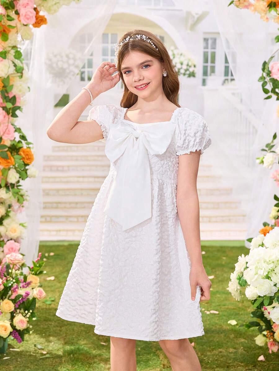 1pc Tween Girls Textured Bowknot Puff Sleeve Elegant A-Line Dress ...