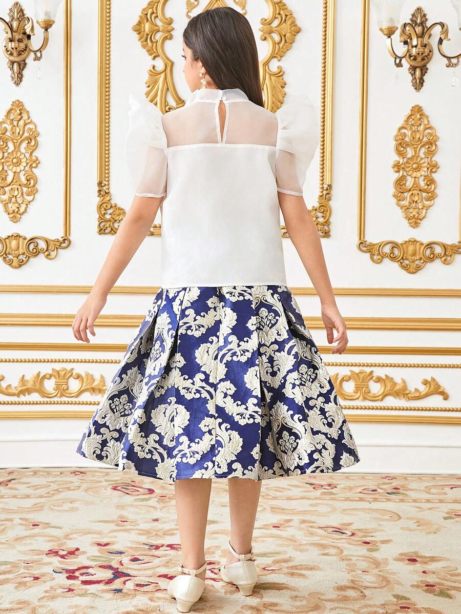 SHEIN Tween Girl Elegant Chiffon Splice Bow Decor Puff Sleeve Top And Accordion Pleated Floral ...