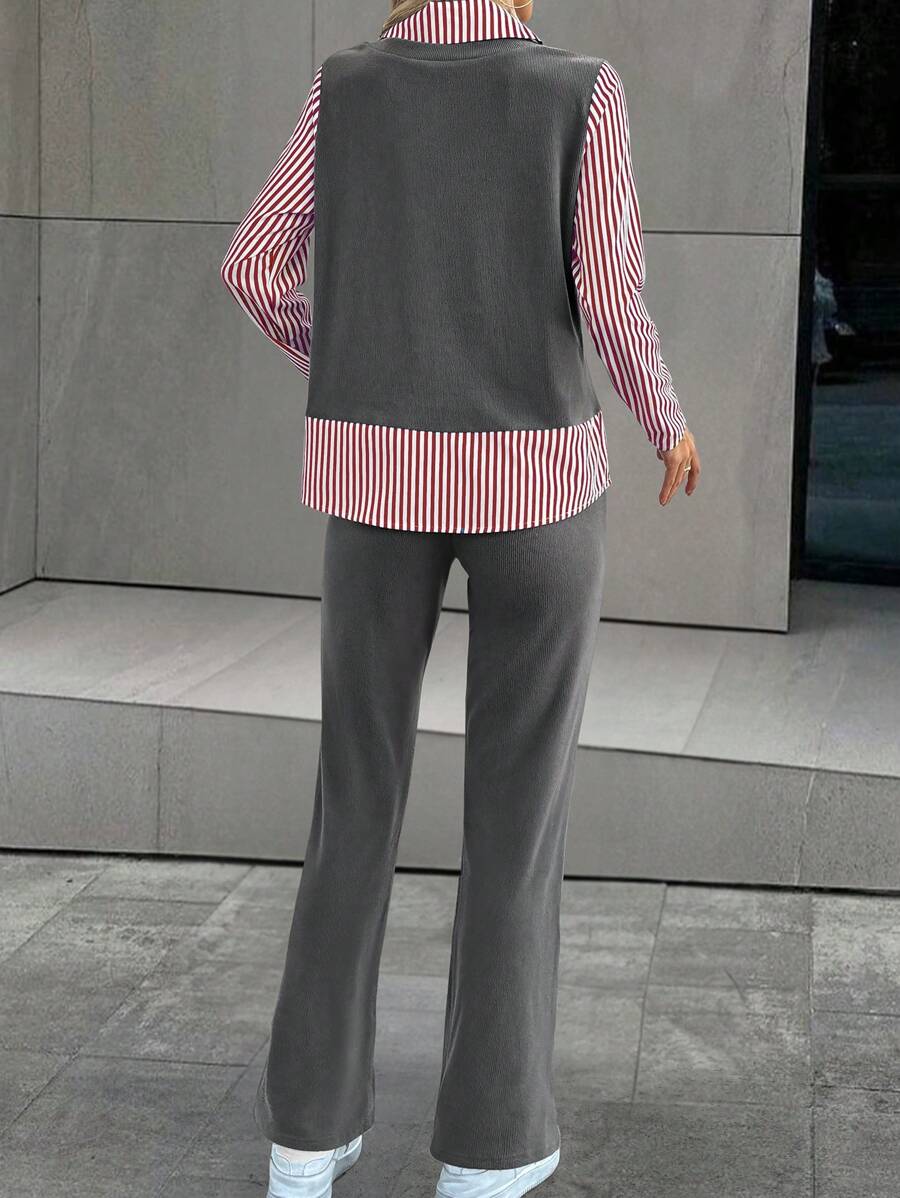 SHEIN LUNE レディース ストライプ パッチワーク 2wayブラウストップ &パンツセット | #SHEINfashionweek