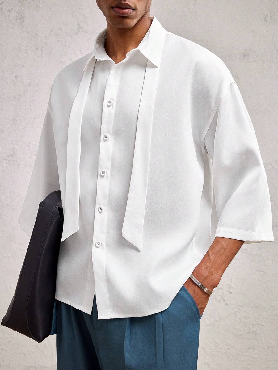 AKNOTIC Formal Men's Loose Fit Drop Shoulder Short Sleeve Turndown ...