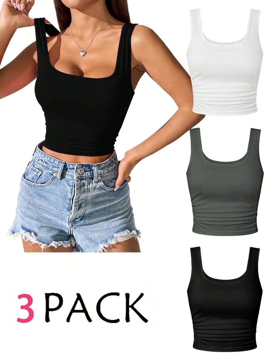 Flirla Women's Solid Color Wide Strap Casual Slim Fit Top, Daily Wear ...