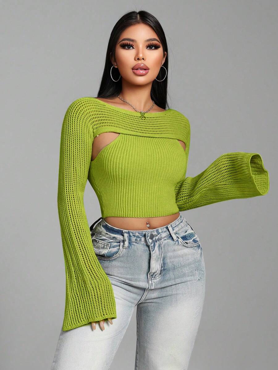 SHEIN Foxxy Women's Semi-Sheer Color-Blocked Crop Knit Sweater, Long ...