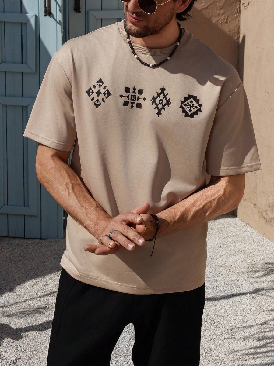 Manfinity Nomadique Men's Vacation Casual Geometric Print Short Sleeve ...