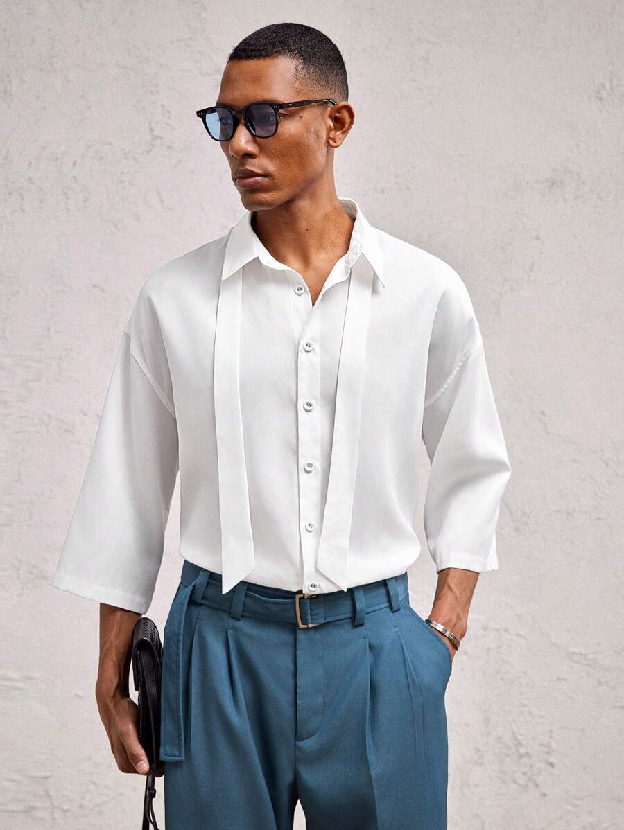 AKNOTIC Formal Men's Loose Fit Drop Shoulder Short Sleeve Turndown ...