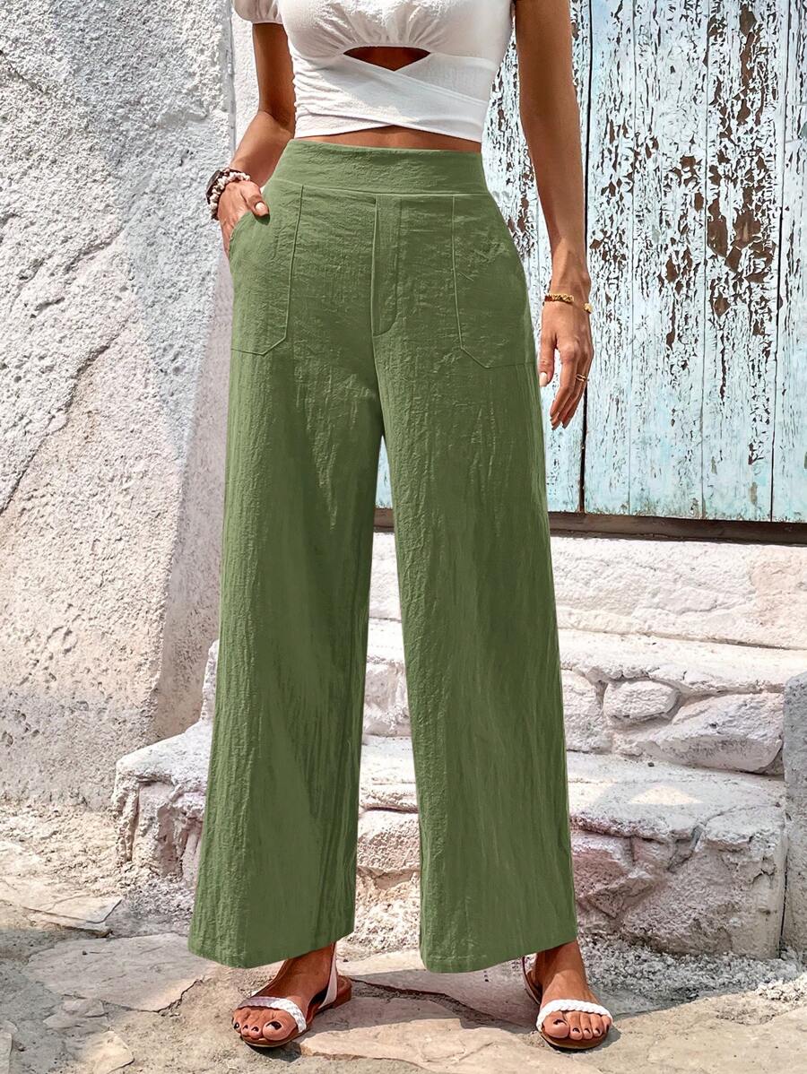 SHEIN VCAY Women's Solid Color Pocket Casual Straight Leg Pants ...