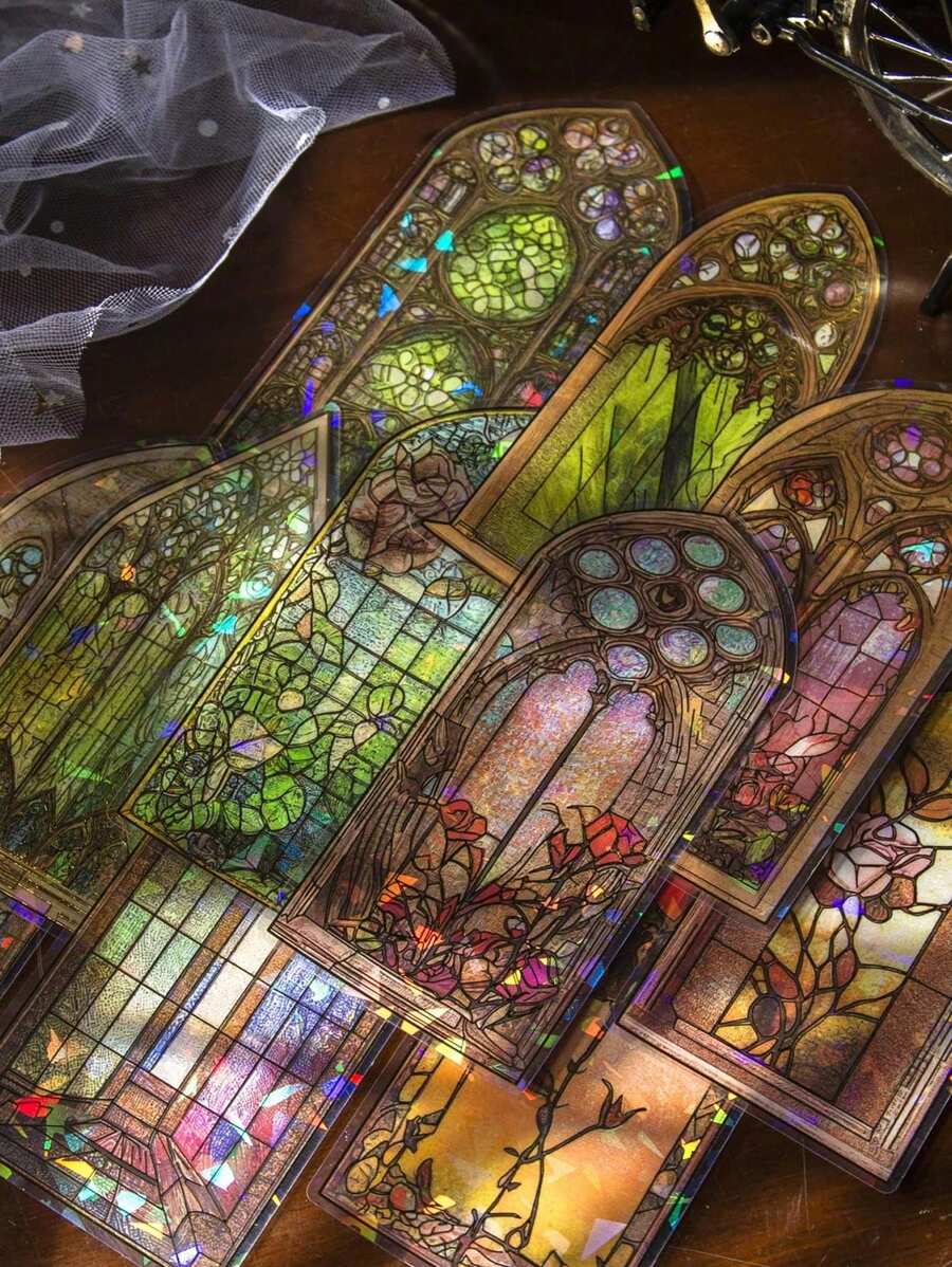 SHEIN 10pcs/Pack Retro Stained Glass, Gold Foil, Holographic Pet Waterproof Stickers For Diy ...
