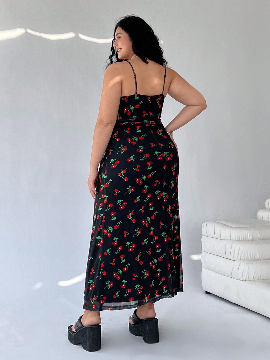 SHEIN EZwear Cherry Pattern Plus Size Casual Long Strap Dress | SHEIN UK