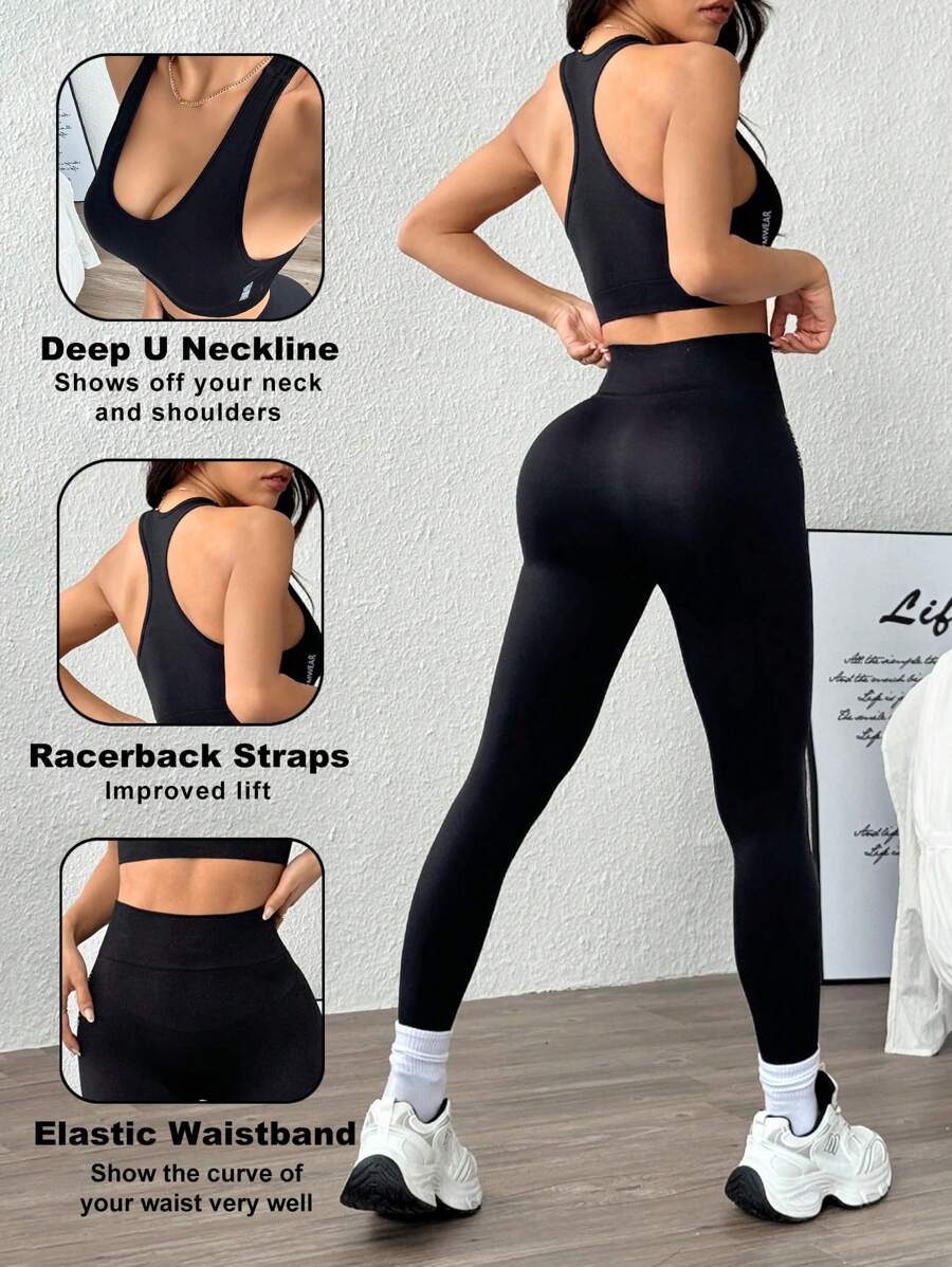SHEIN Sport Studio Sport Studio Women Seamless Solid Color Minimalist Compression Sports Set ...
