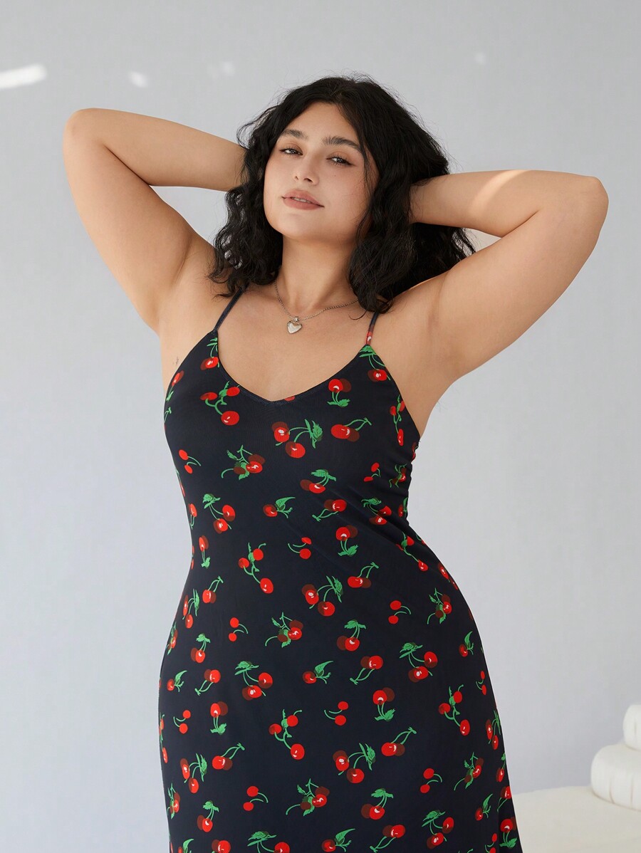 SHEIN EZwear Cherry Pattern Plus Size Casual Long Strap Dress | SHEIN UK