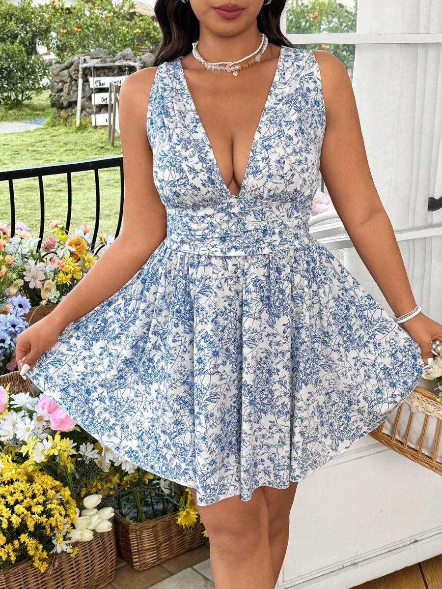 Sunnyshic Plus Size Women Boho Deep-V Waist-Cinching Simple Floral ...