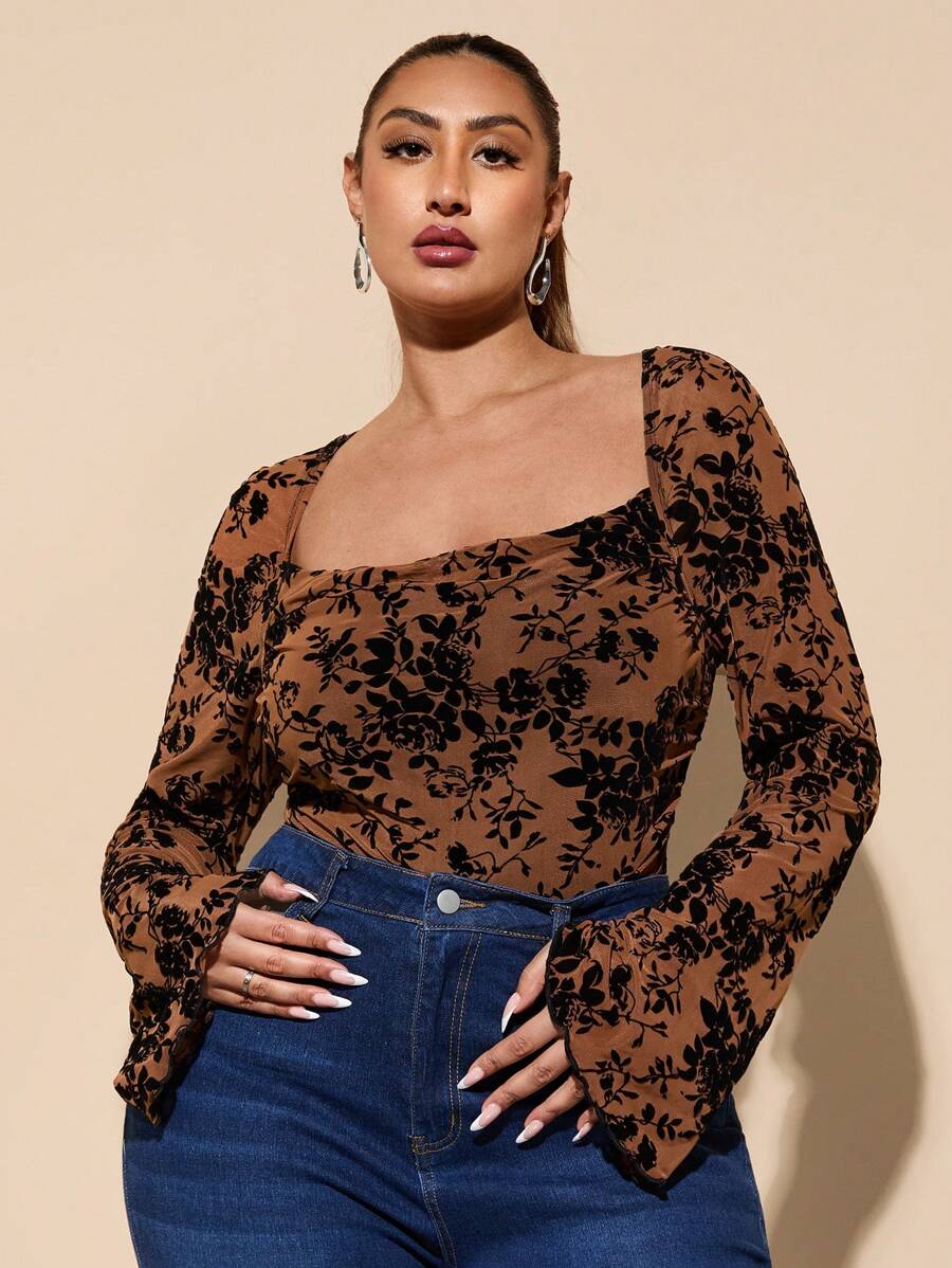 SHEIN BAE Plus Size Women's Spring, Autumn And Winter Black Floral ...