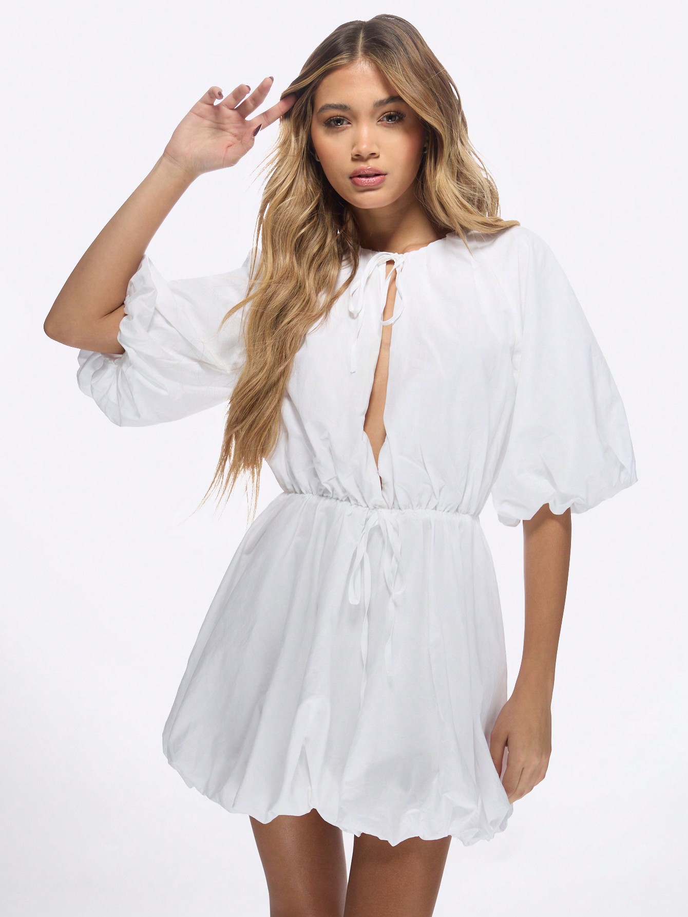 MISSGUIDED Puff Sleeve Mini Dress With Drawstring Waist｜MISSGUIDED