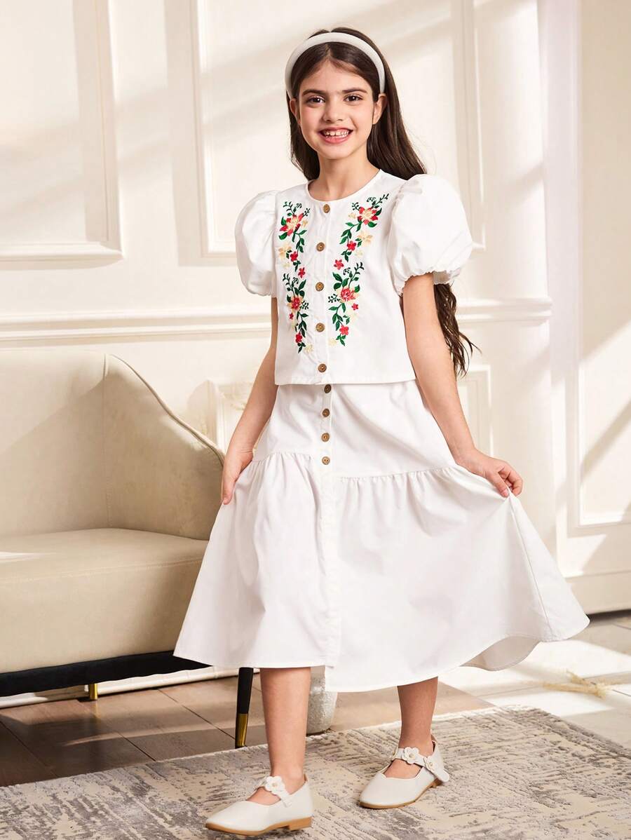 SHEIN Conjunto de Camisa com Manga Bufante Bordada Floral e Saia Midi ...