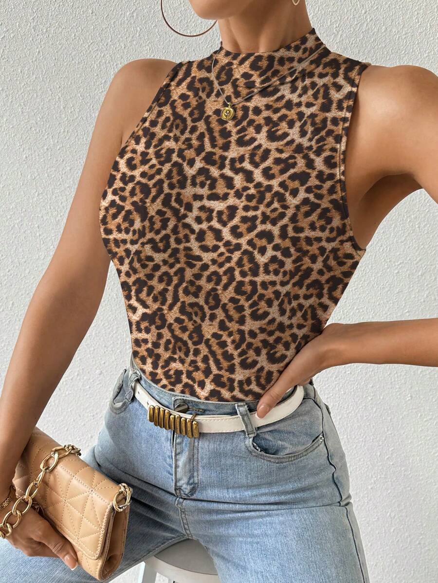 SHEIN Privé Women Elegant Fashion Leopard Print Tight Fit Mock Neck ...