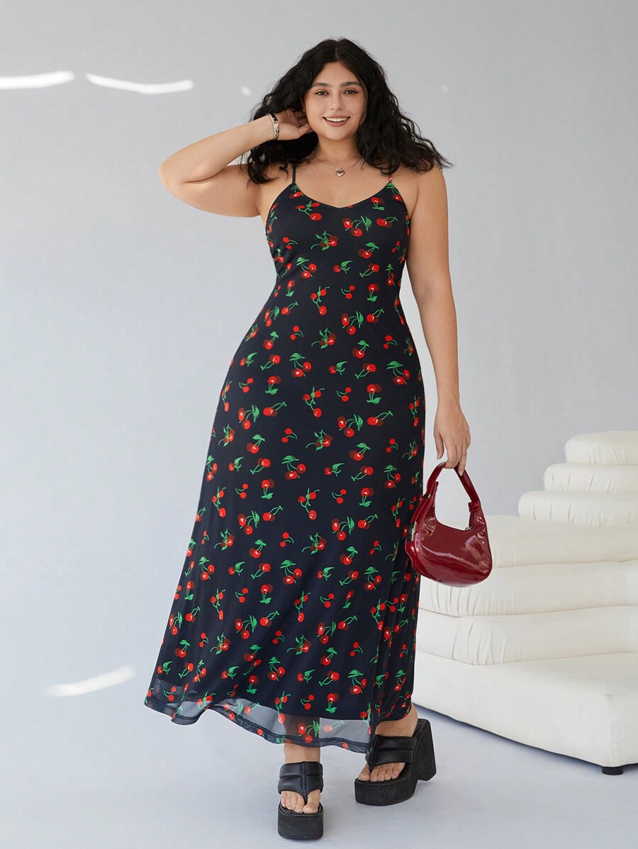 SHEIN EZwear Cherry Pattern Plus Size Casual Long Strap Dress | SHEIN UK