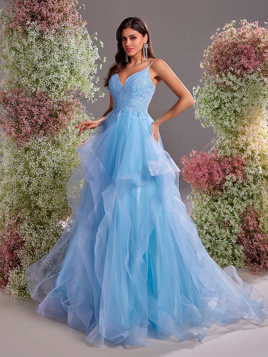 Glamrae Spring And Summer Elegant And Romantic Light Blue Mesh ...