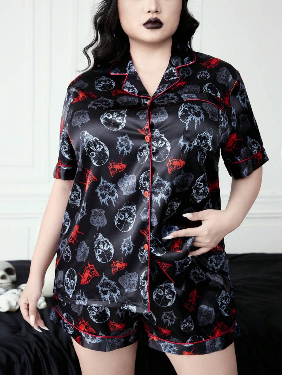 ROMWE Grunge Punk Dark Punk Gothic Skull Teeth Pattern Satin Collared ...