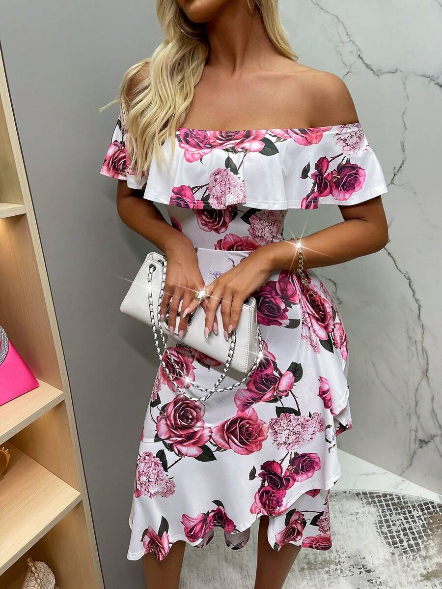 SHEIN Clasi Robe mi-longue pour femmes avec imprimé plante, volant à la taille et ourlet | Mode ...