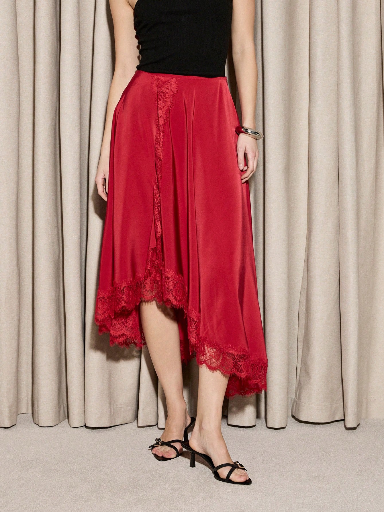 AiiRZ Luxury Evening Satin Skirt With Delicate Lace Trim, Asymmetric ...