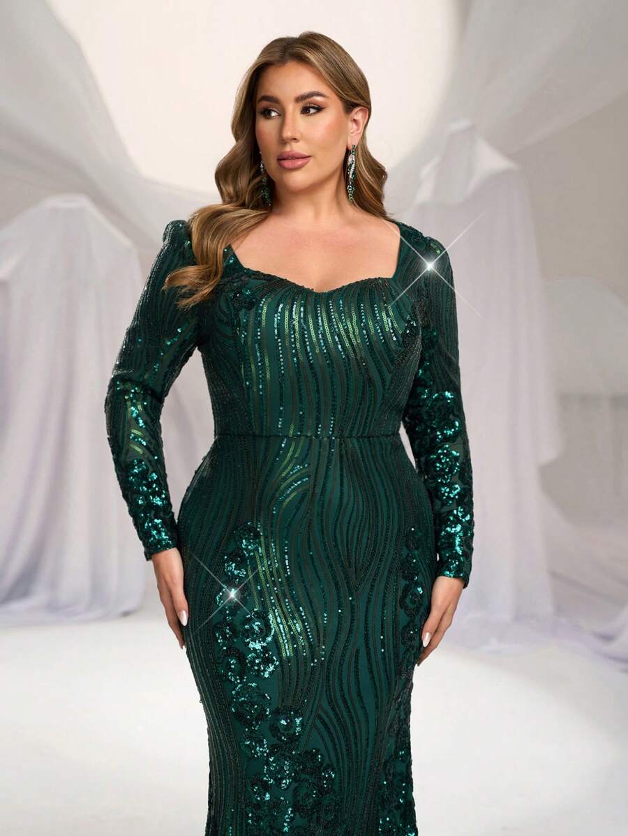 SHEIN Belle Plus Size Hunter Green Heart Neckline Long Sleeve Sequin ...