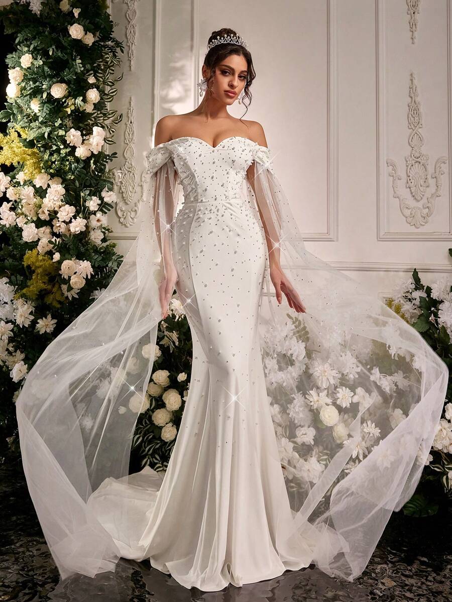 SHEIN Belle Vestido de Noiva Elegante Branco de Luxo, Embelezado com ...