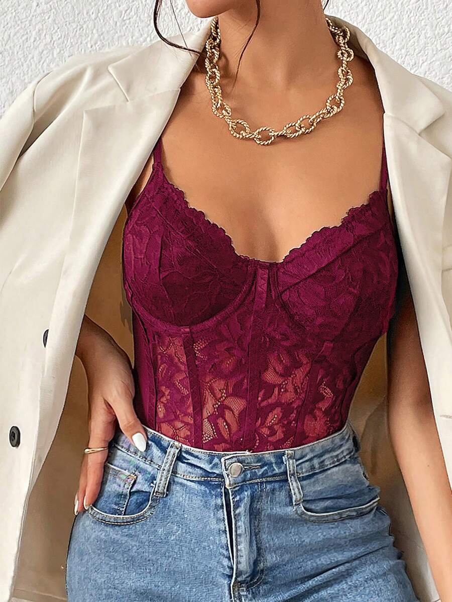 SHEIN PETITE Sexy Elegant Lace Patchwork Sheer Mesh Underwired Striped Ruffle Bodysuits For ...