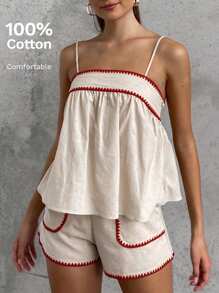 SHEIN Essnce Women's Cotton Linen Tank Top And Shorts Set, With Color ...