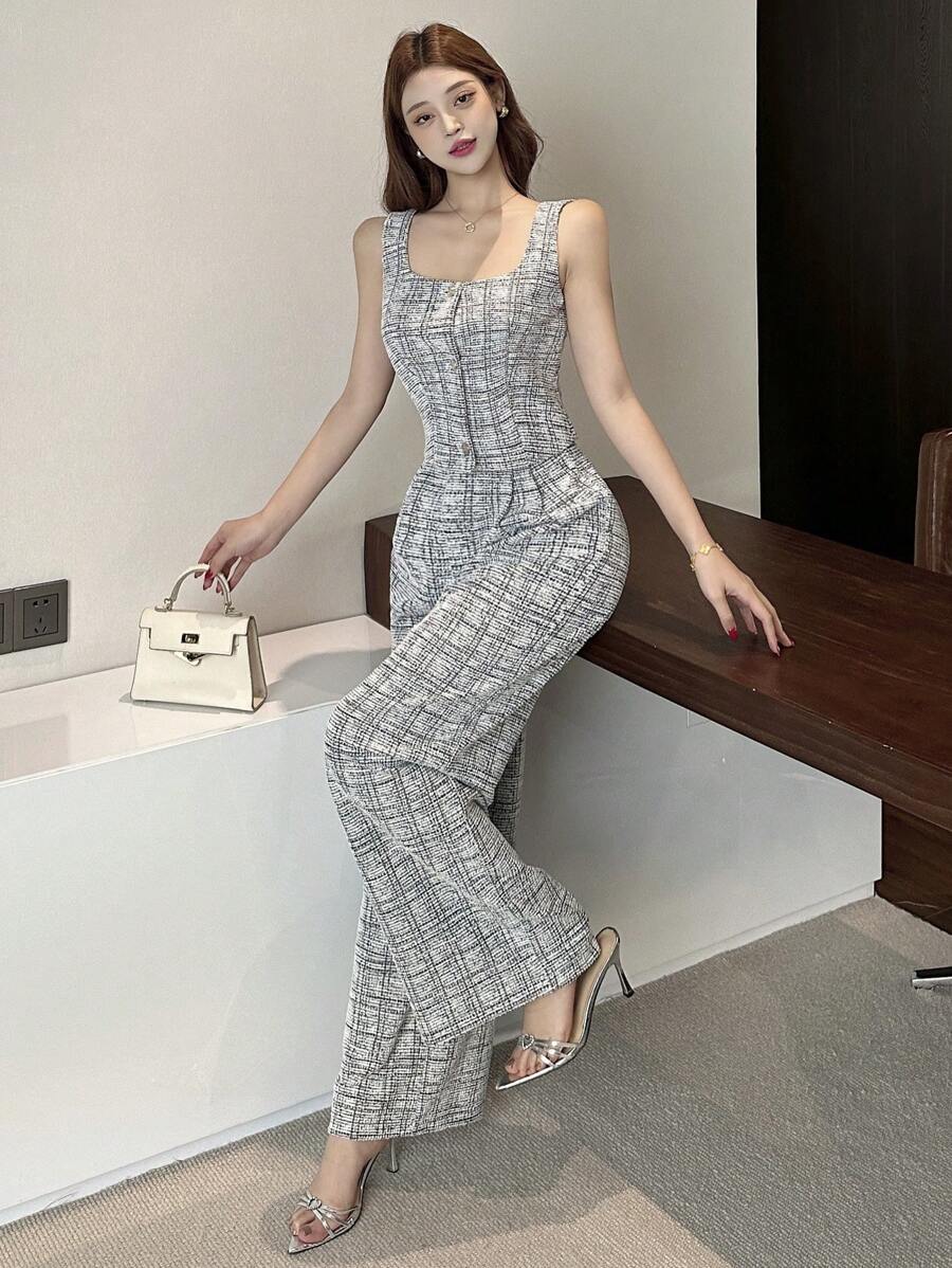 DAZY レディース チェック柄ベスト&ワイドレッグパンツスーツ | #SHEINfashionweek