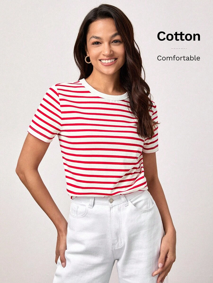 SHEIN BASICS Striped Print Tee | SHEIN USA