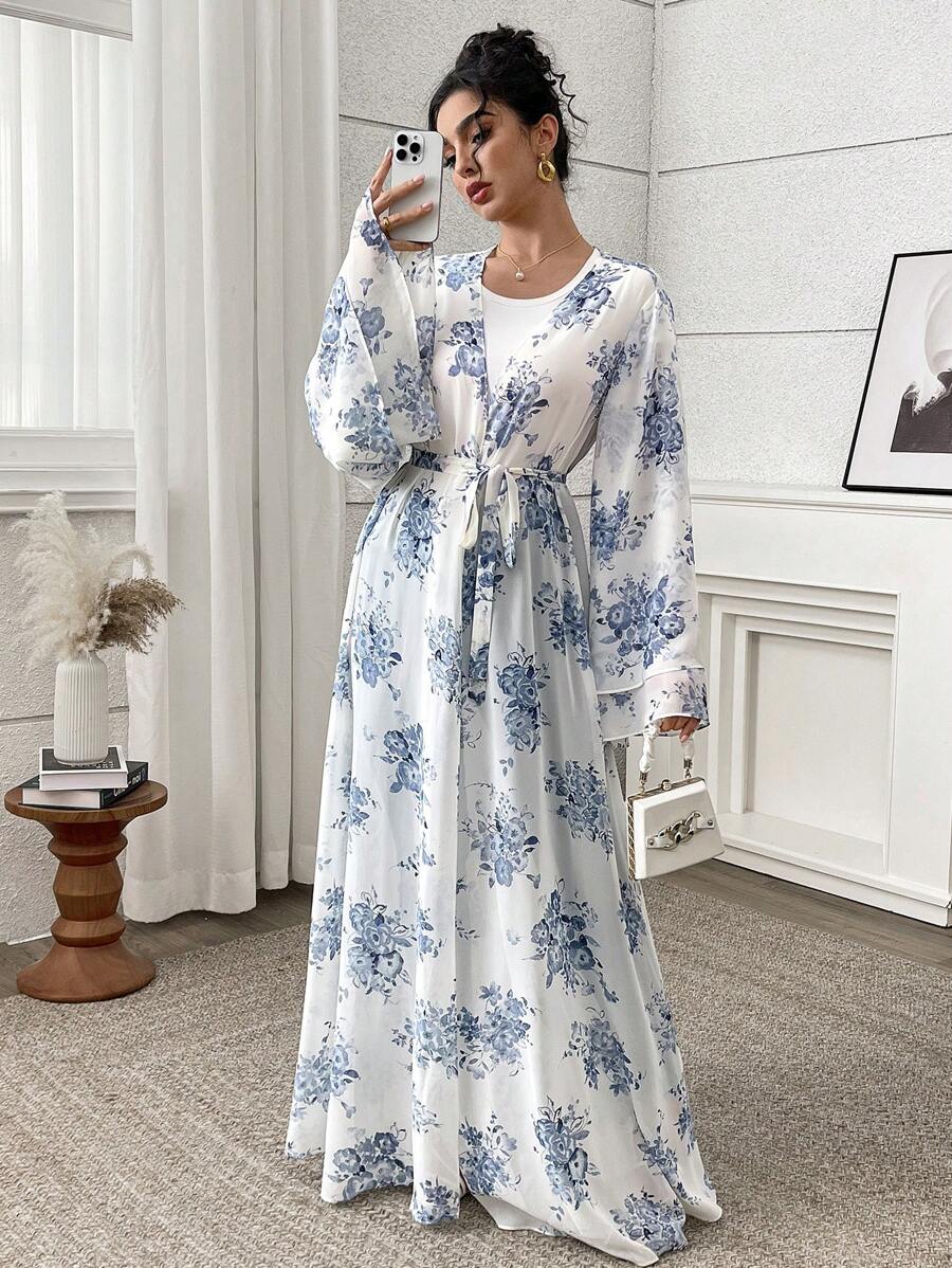 Yasmyna Women's Floral Print Flare Sleeve Elegant Arabic Abaya Cardigan ...