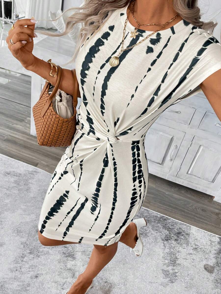 SHEIN LUNE Women's Casual Twist Textured All-Over Printed Fitted Dress ...