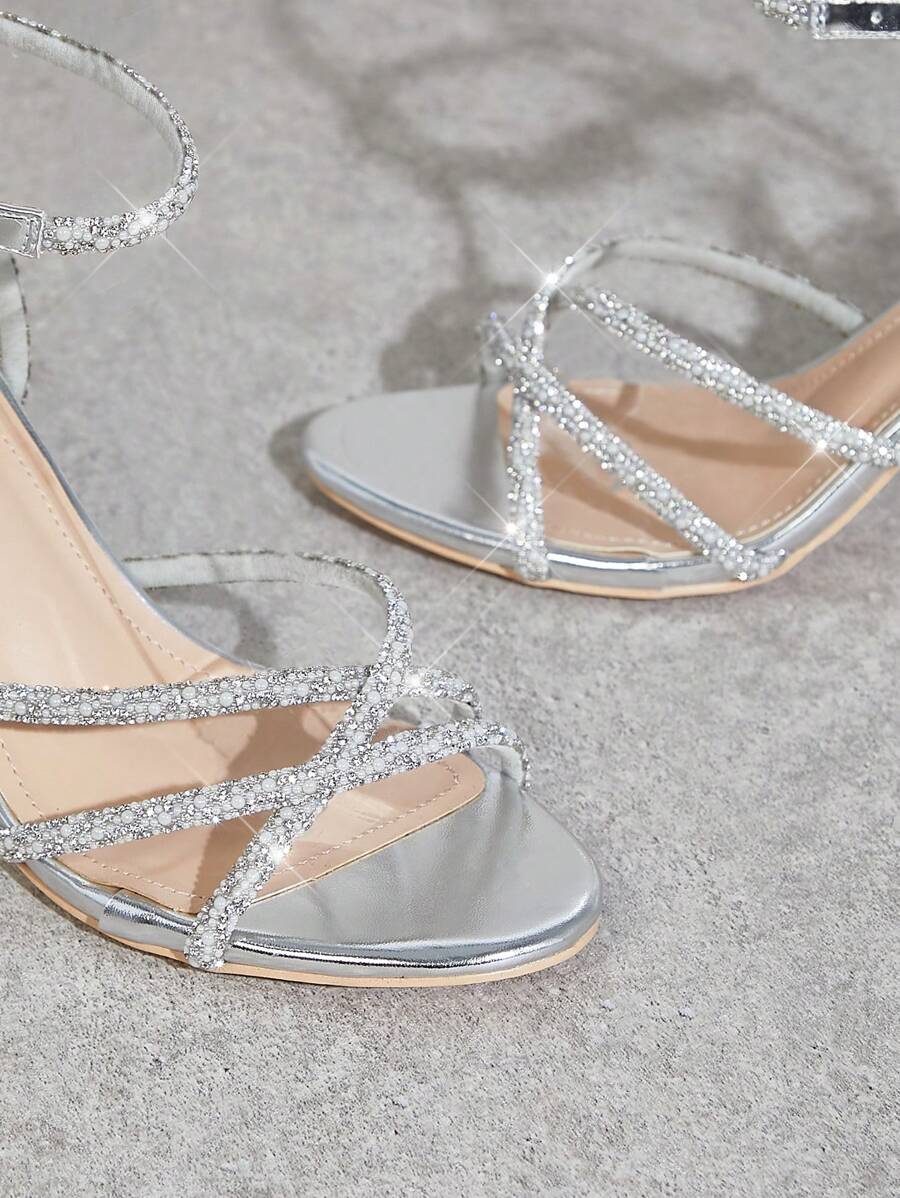 SHEIN SHUZIA Women's Dressy Rhinestone Ankle Strap Round Toe High Heels ...