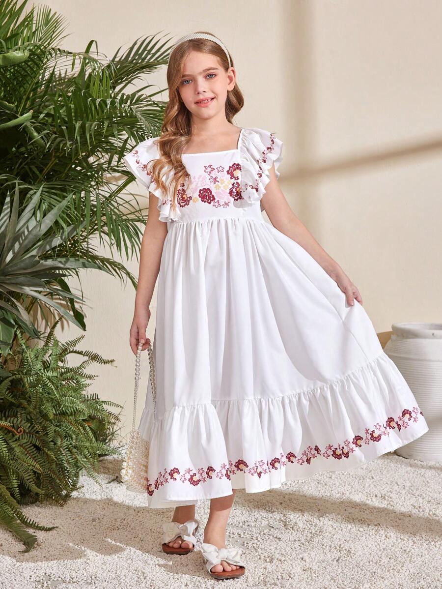 Tween Girls Fusion Print Cap Sleeve Square Neck A-Line Midi Casual Dress | SHEIN UK