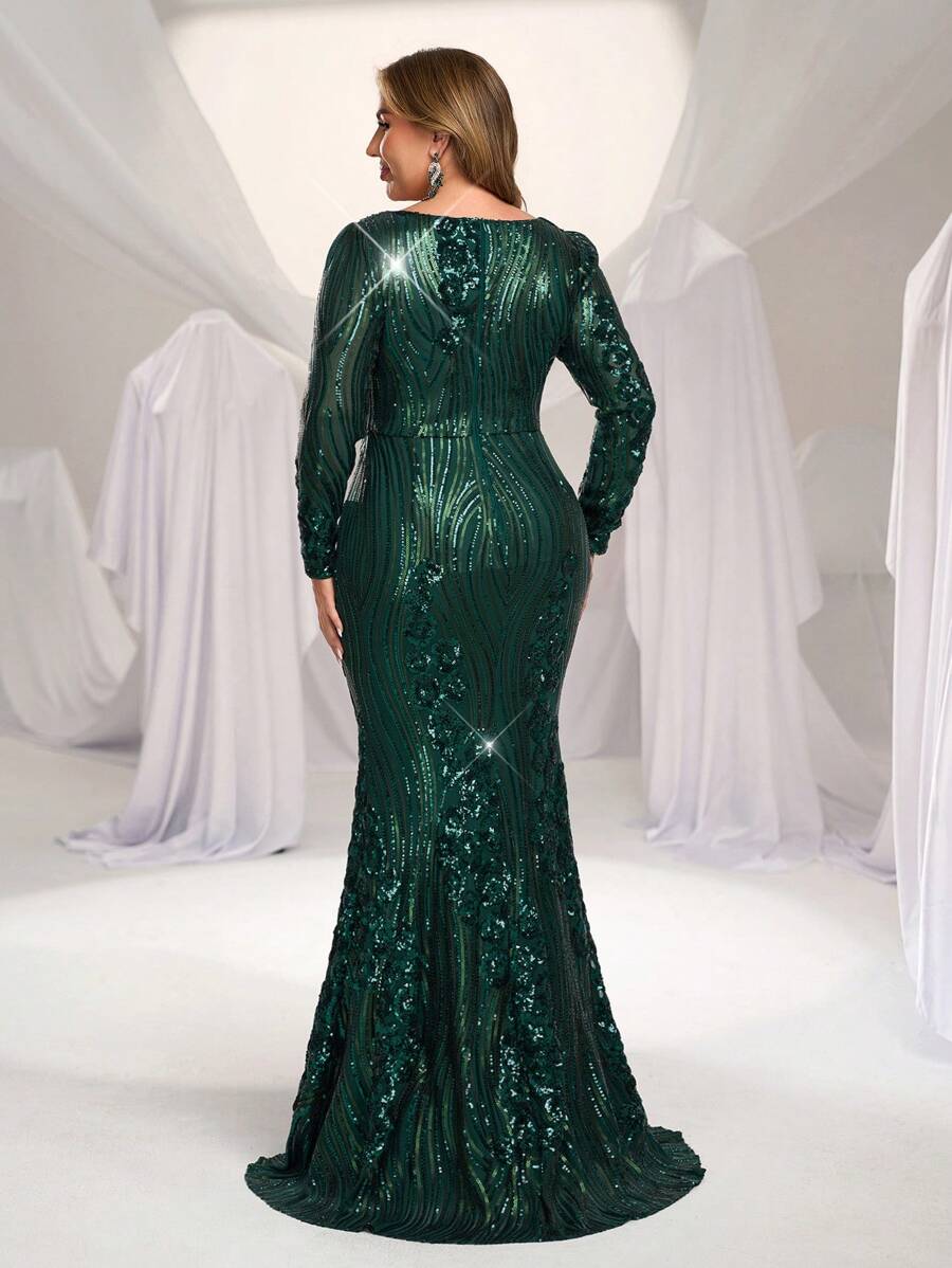 SHEIN Belle Plus Size Hunter Green Heart Neckline Long Sleeve Sequin ...