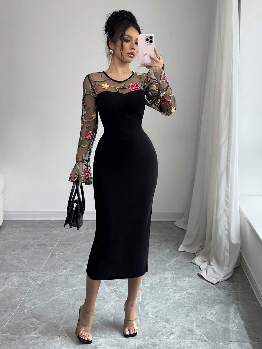 Elenzga Women Elegant Floral Embroidery Mesh Splice Bodycon Dress | SHEIN UK